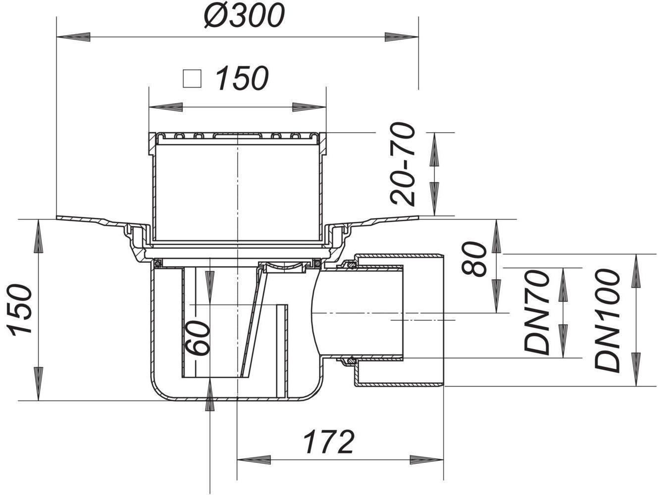 Bodenablauf 57 KE, DN 70/DN 100, 150 x 150 mm